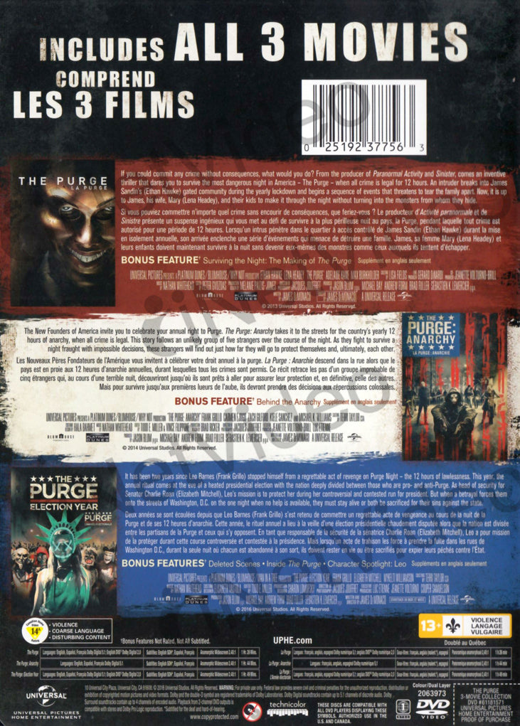 The Purge (3-Movie Collection) (Bilingual) on DVD Movie
