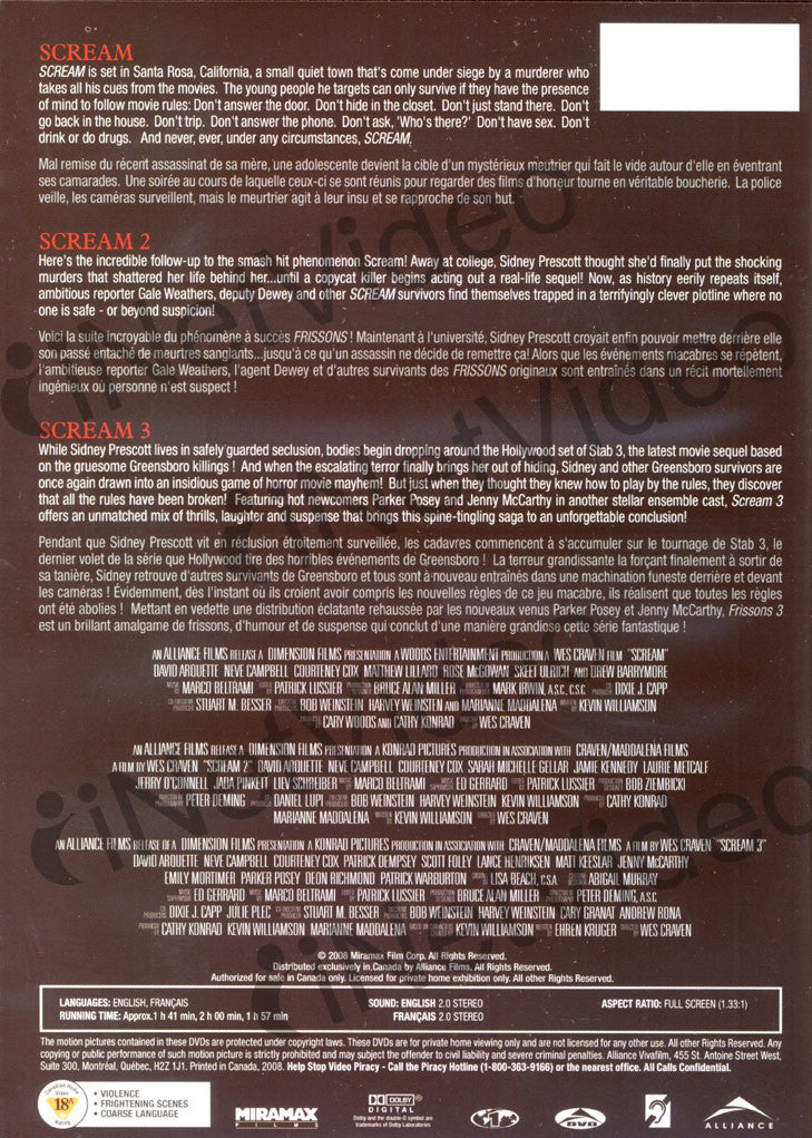 Scream 1, 2, 3 - Trilogy (Triple Feature) (Bilingual) on DVD Movie