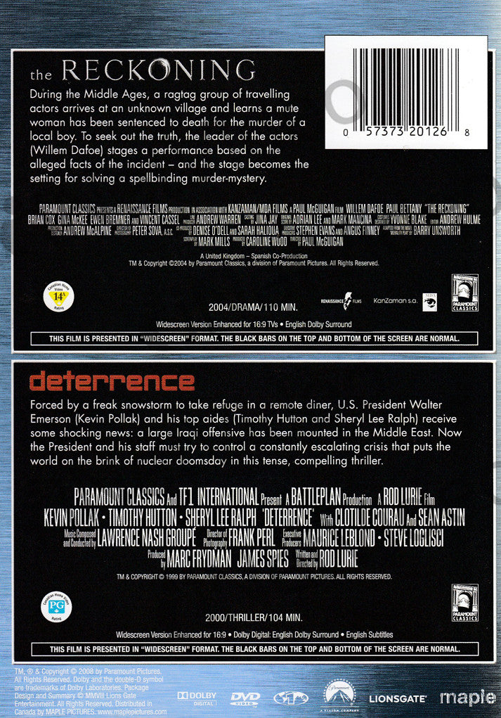 The Reckoning / Deterrence (Double Feature) (MAPLE) on DVD Movie
