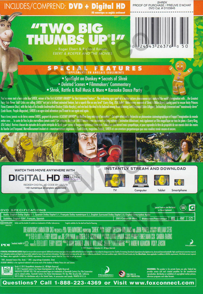 Shrek (DVD / Digital HD) (Bilingual) on DVD Movie